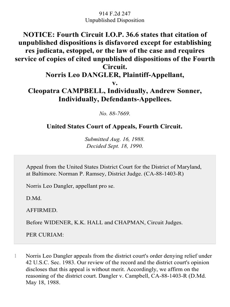 Norris Leo Dangler v. Cleopatra Campbell, Individually, Andrew Sonner ...