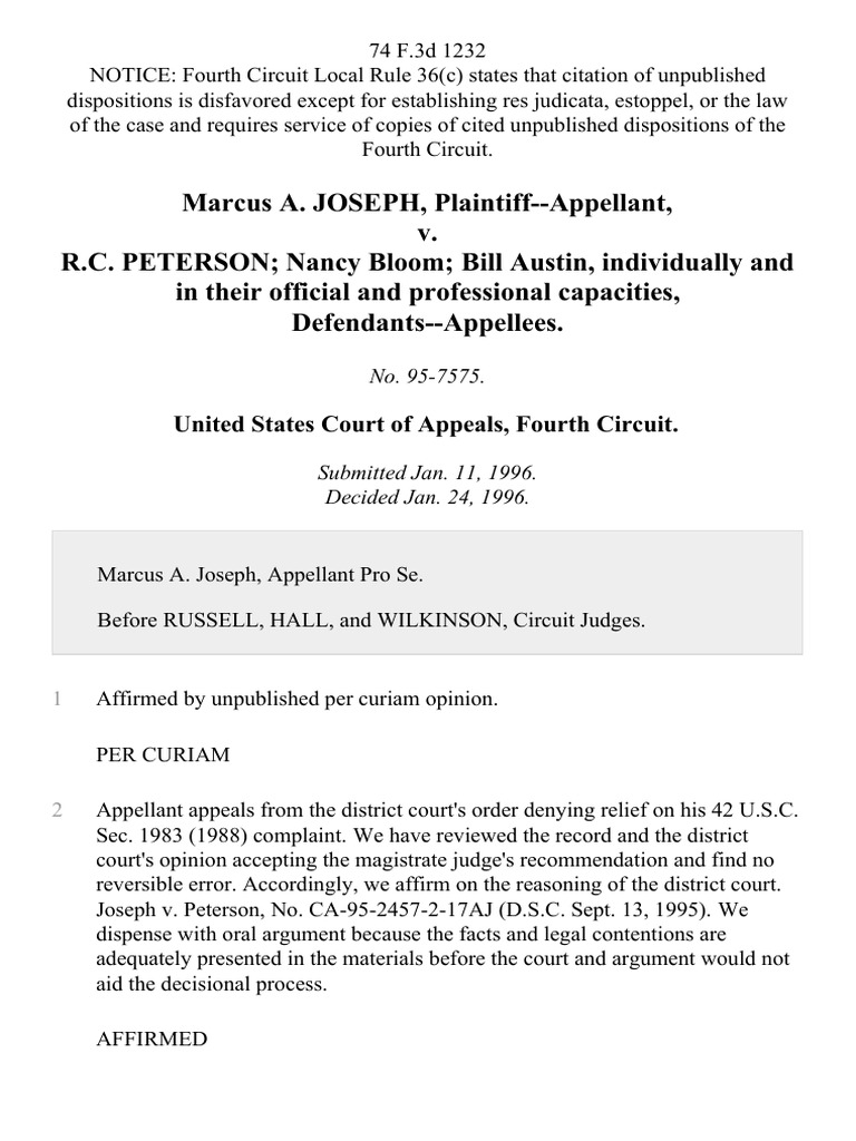 Marcus A. Joseph v. R.C. Peterson Nancy Bloom Bill Austin, Individually ...