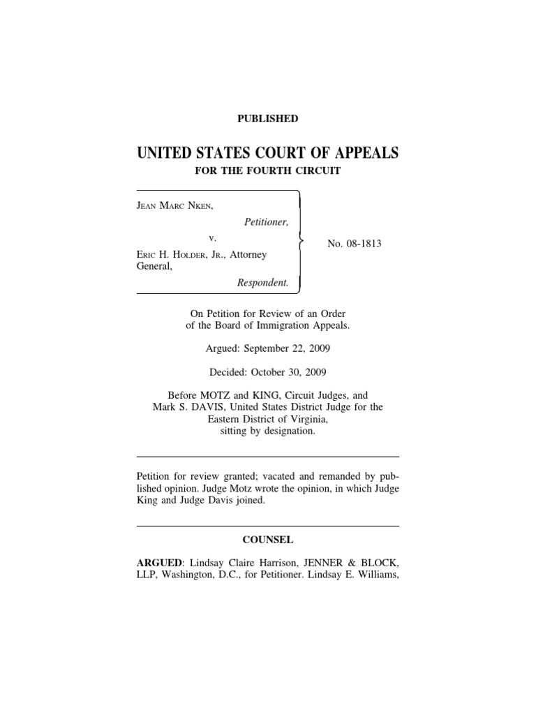 Nken v. Holder, 585 F.3d 818, 4th Cir. (2009) | PDF | Removal ...