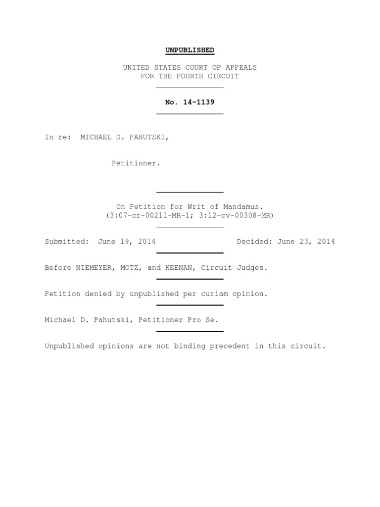In Re: Michael Pahutski V., 4th Cir. (2014) | PDF