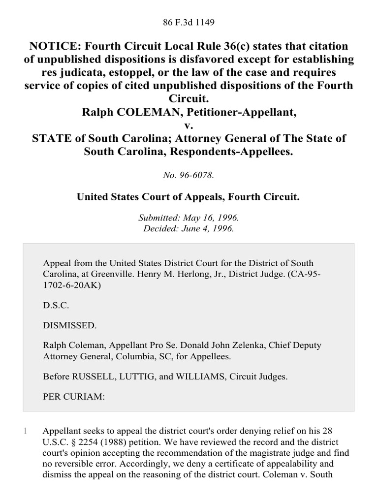 Ralph Coleman v. State of South Carolina Attorney General of The State ...
