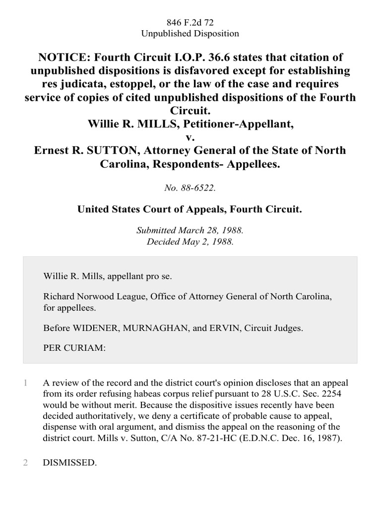 Willie R. Mills v. Ernest R. Sutton, Attorney General of The State of ...