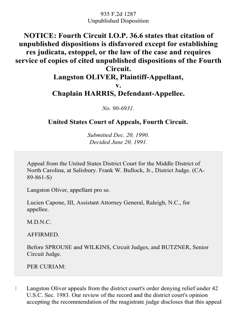 Langston Oliver v. Chaplain Harris, 935 F.2d 1287, 4th Cir. (1991) | PDF