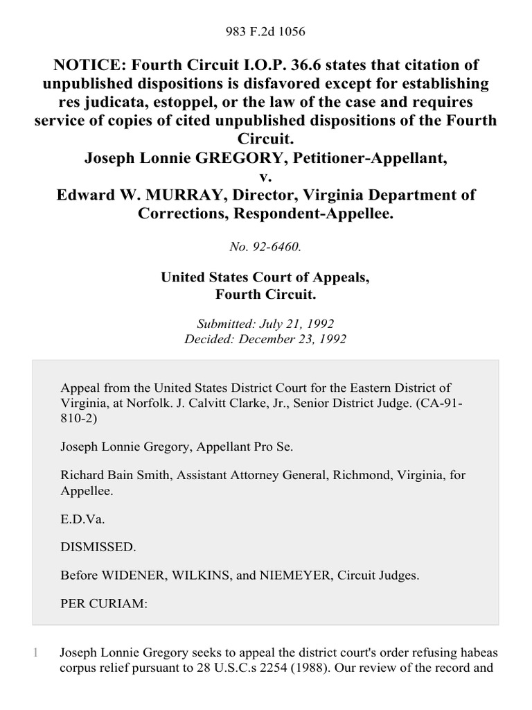 Joseph Lonnie Gregory v. Edward W. Murray, Director, Virginia Department of Corrections, 983 F ...