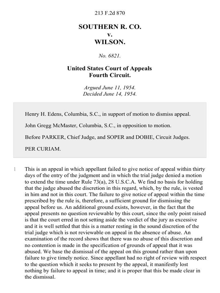 Southern R. Co. v. Wilson, 213 F.2d 870, 4th Cir. (1954) | PDF