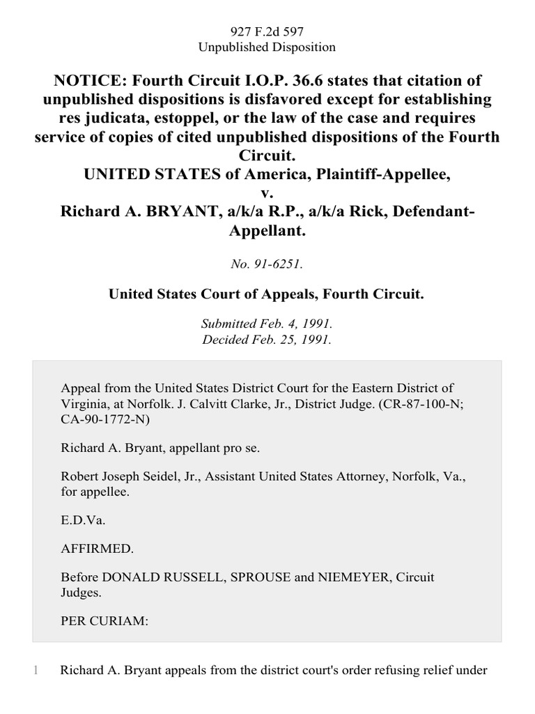 United States v. Richard A. Bryant, A/K/A R.P., A/K/A Rick, 927 F.2d ...