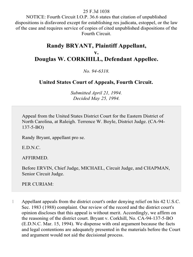 Randy Bryant v. Douglas W. Corkhill, 25 F.3d 1038, 4th Cir. (1994) | PDF