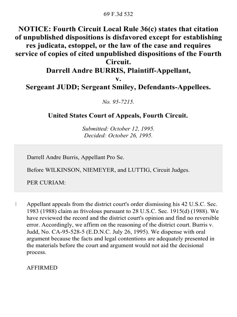 Darrell Andre Burris v. Sergeant Judd Sergeant Smiley, 69 F.3d 532, 4th ...