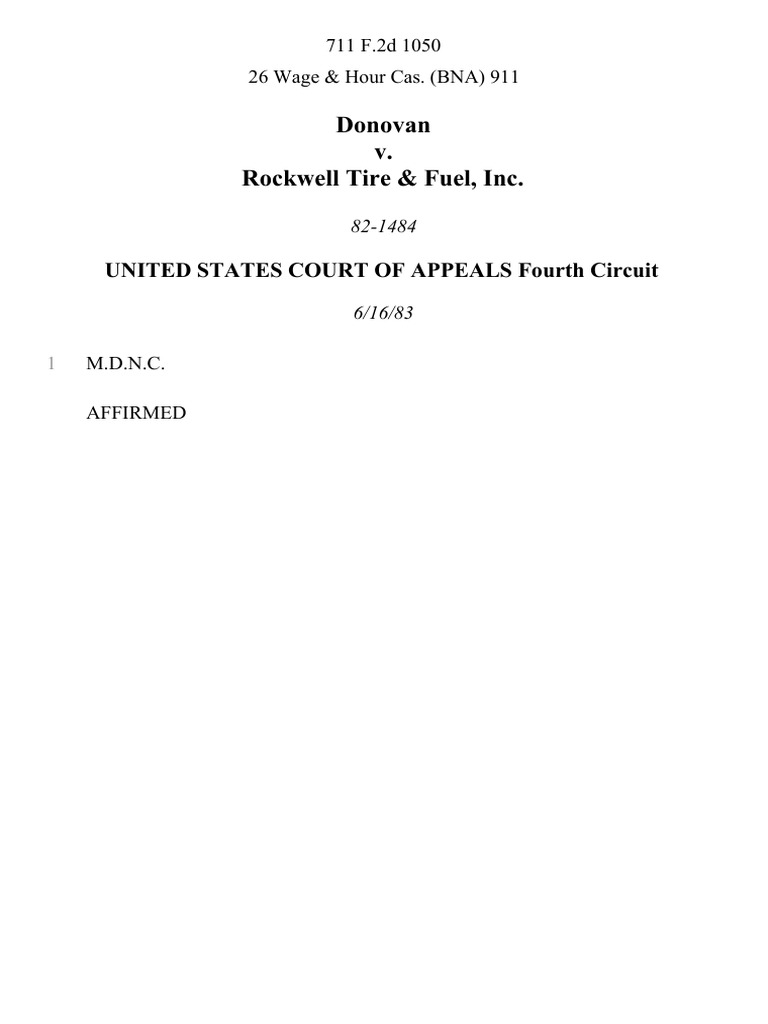 Donovan v. Rockwell Tire & Fuel, Inc, 711 F.2d 1050, 4th Cir. (1983) | PDF