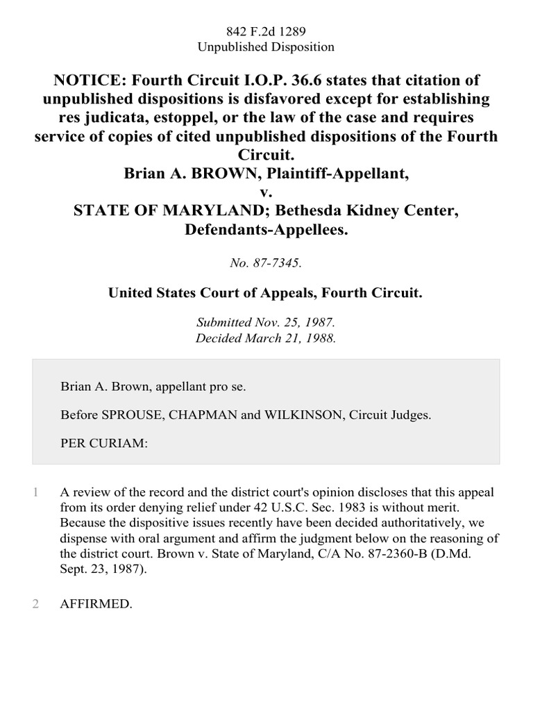Brian A. Brown v. State of Maryland Bethesda Kidney Center, 842 F.2d ...