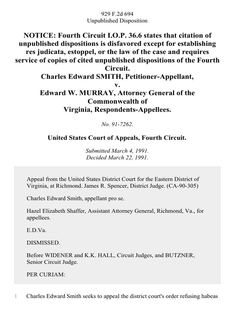 Charles Edward Smith v. Edward W. Murray, Attorney General of The Commonwealth of Virginia, 929 ...