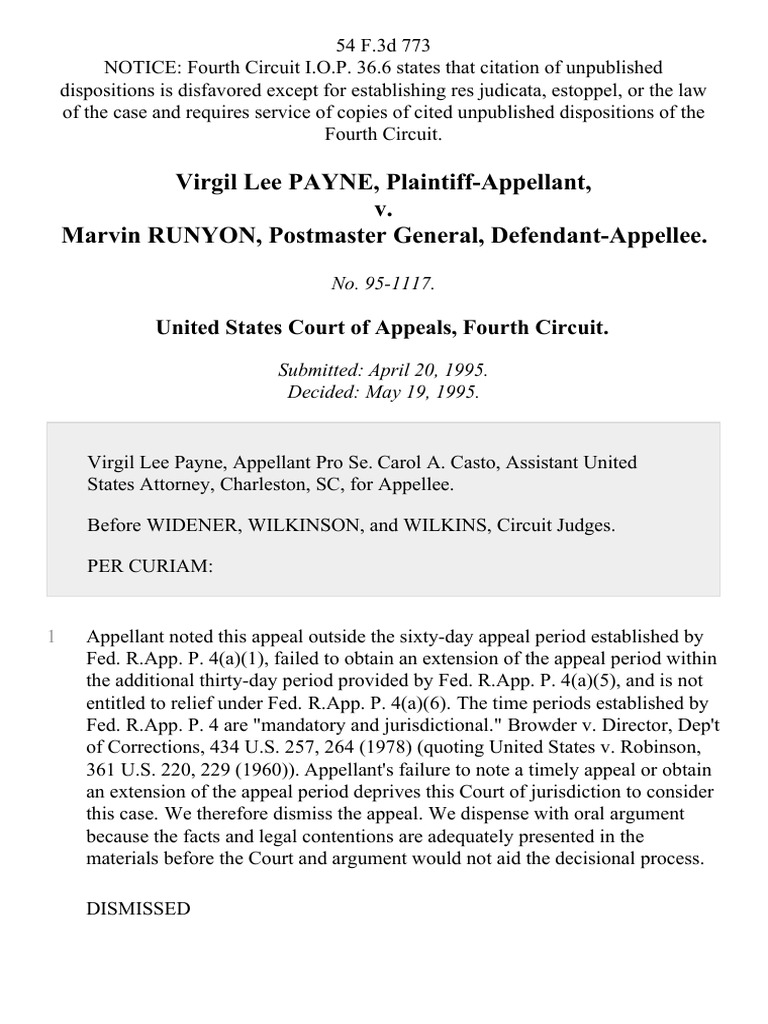 Virgil Lee Payne v. Marvin Runyon, Postmaster General, 54 F.3d 773, 4th ...
