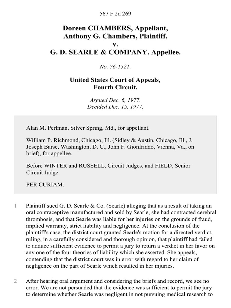 Doreen Chambers, Anthony G. Chambers v. G. D. Searle & Company, 567 F ...