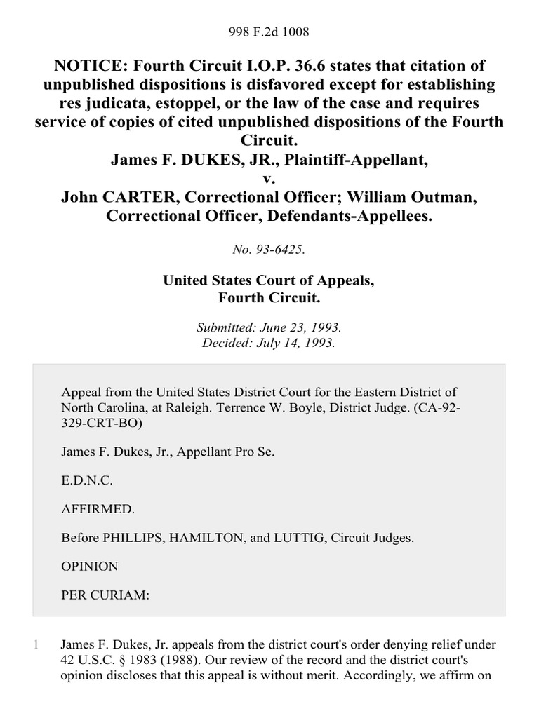 James F. Dukes, Jr. v. John Carter, Correctional Officer William Outman ...