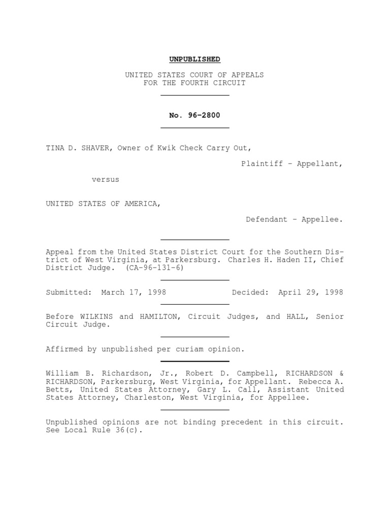 Shaver v. United States, 4th Cir. (1998) | PDF | Politics | Law