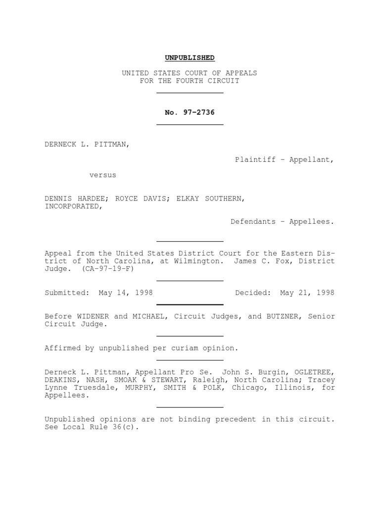 Pittman v. Hardee, 4th Cir. (1998) | PDF | Social Science | Law