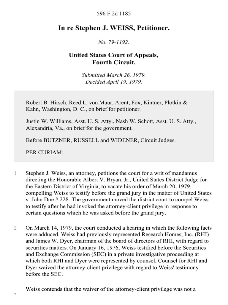 In Re Stephen J. Weiss, 596 F.2d 1185, 4th Cir. (1979) | PDF | Grand ...