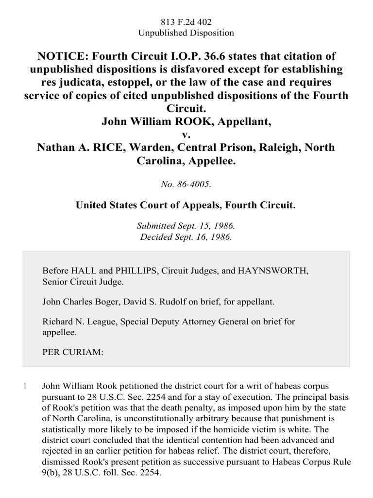 John William Rook v. Nathan A. Rice, Warden, Central Prison, Raleigh ...