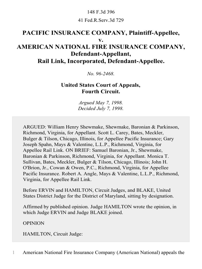 Pacific Insurance Company v. American National Fire Insurance Company ...