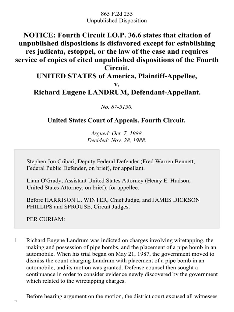 United States v. Richard Eugene Landrum, 865 F.2d 255, 4th Cir. (1988 ...