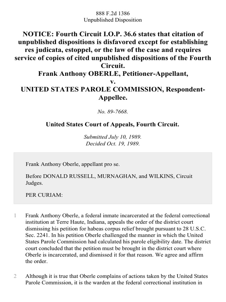 Frank Anthony Oberle v. United States Parole Commission, 888 F.2d 1386 ...