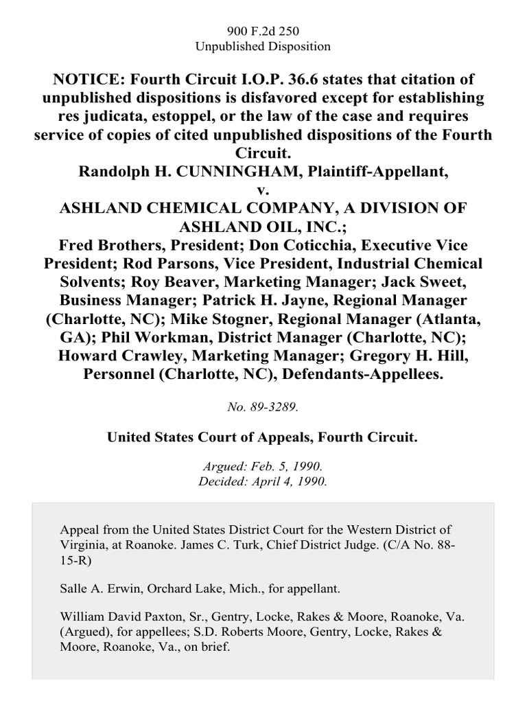Randolph H. Cunningham v. Ashland Chemical Company, a Division of ...