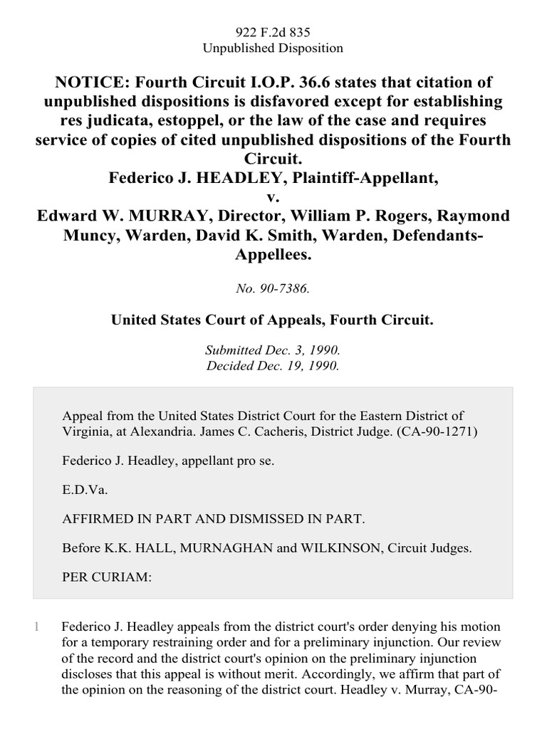 Federico J. Headley v. Edward W. Murray, Director, William P. Rogers ...