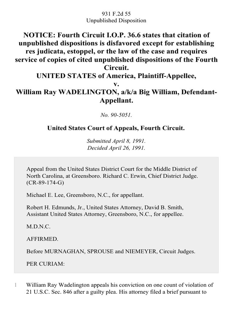 United States v. William Ray Wadelington, A/K/A Big William, 931 F.2d ...