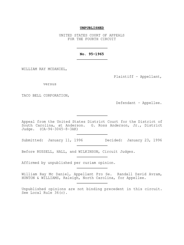 McDaniel v. Taco Bell, 4th Cir. (1996) | PDF