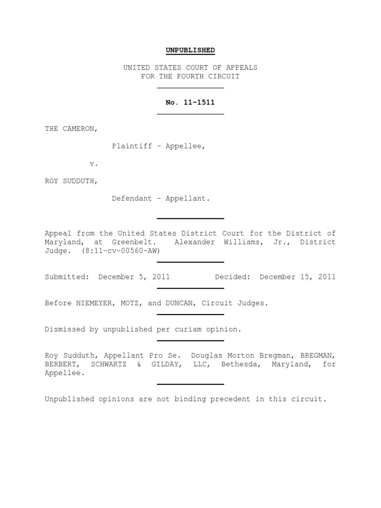 The Cameron v. Roy Sudduth, 4th Cir. (2011) | PDF