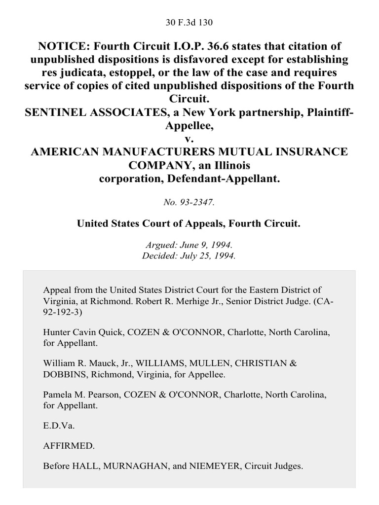 Sentinel Associates, A New York Partnership v. American Manufacturers ...