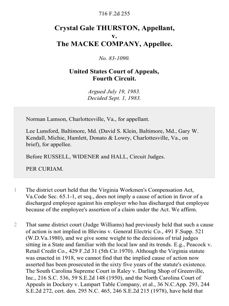 Crystal Gale Thurston v. The MacKe Company, 716 F.2d 255, 4th Cir ...