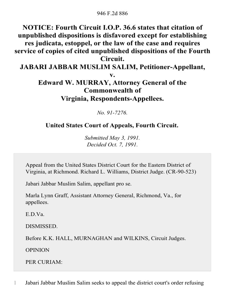Jabari Jabbar Muslim Salim v. Edward W. Murray, Attorney General of The ...