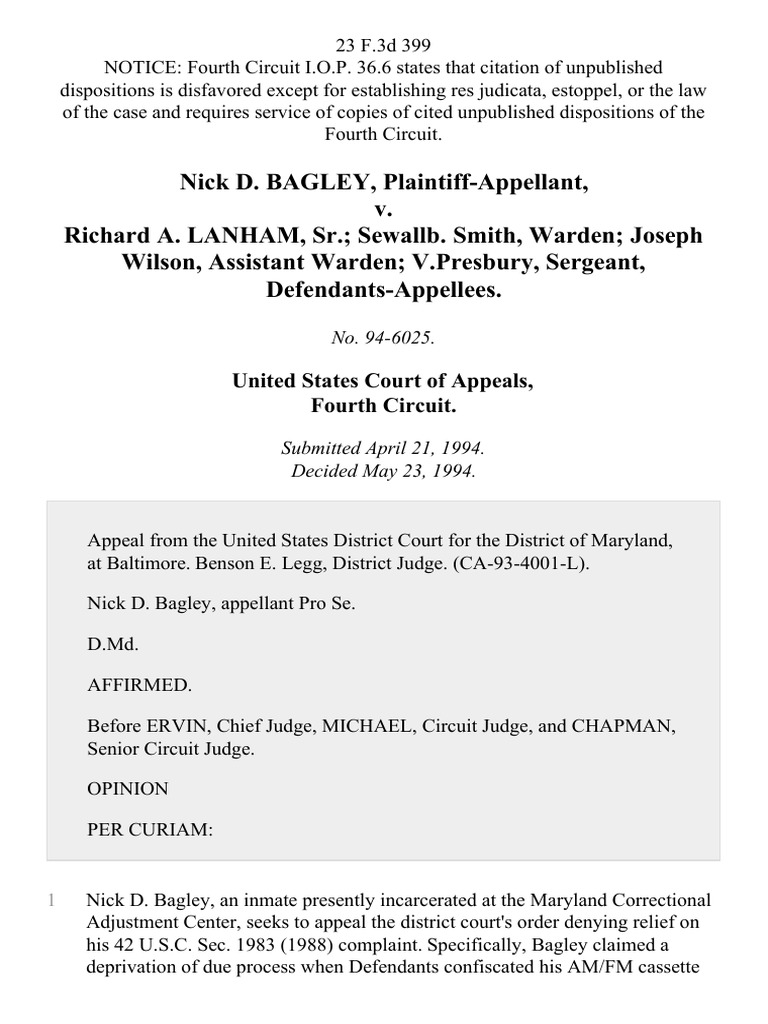 Nick D. Bagley v. Richard A. Lanham, Sr. Sewallb. Smith, Warden Joseph ...