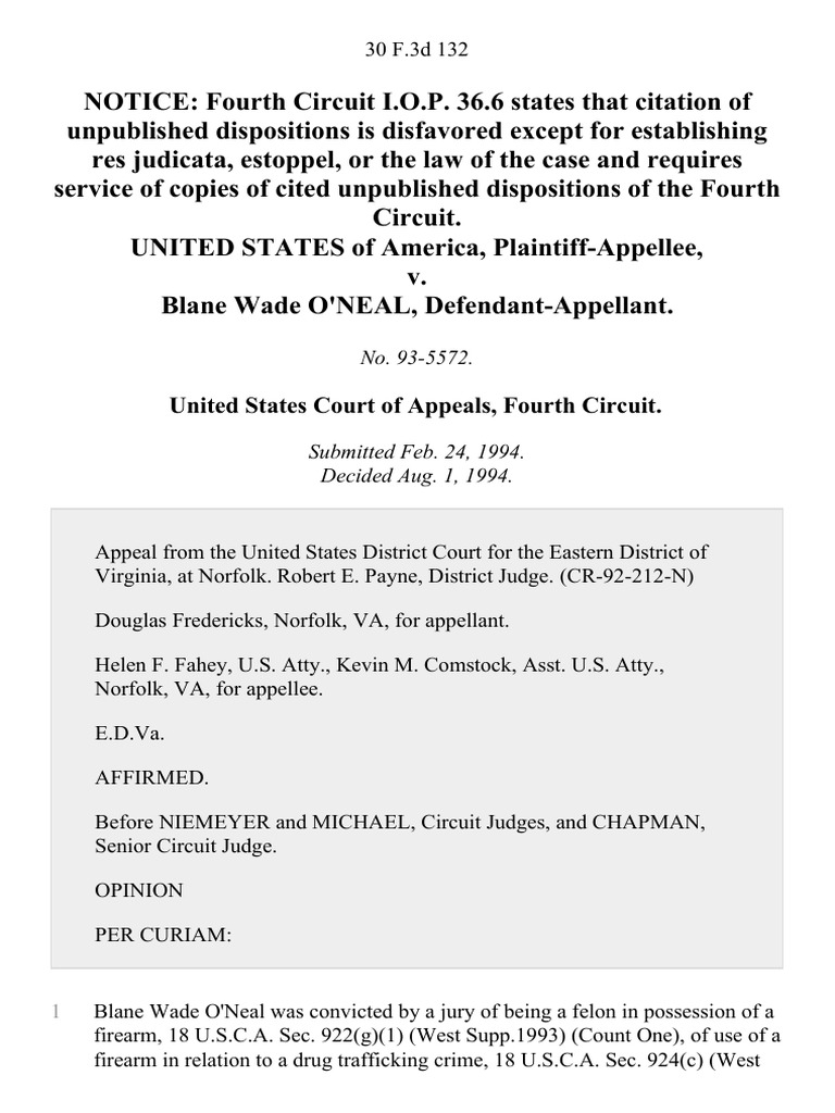 United States v. Blane Wade O'Neal, 30 F.3d 132, 4th Cir. (1994) | PDF ...