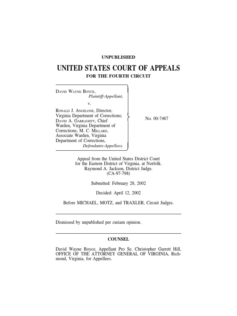 Boyce v. Angelone: Appeal Dismissed | PDF | Law