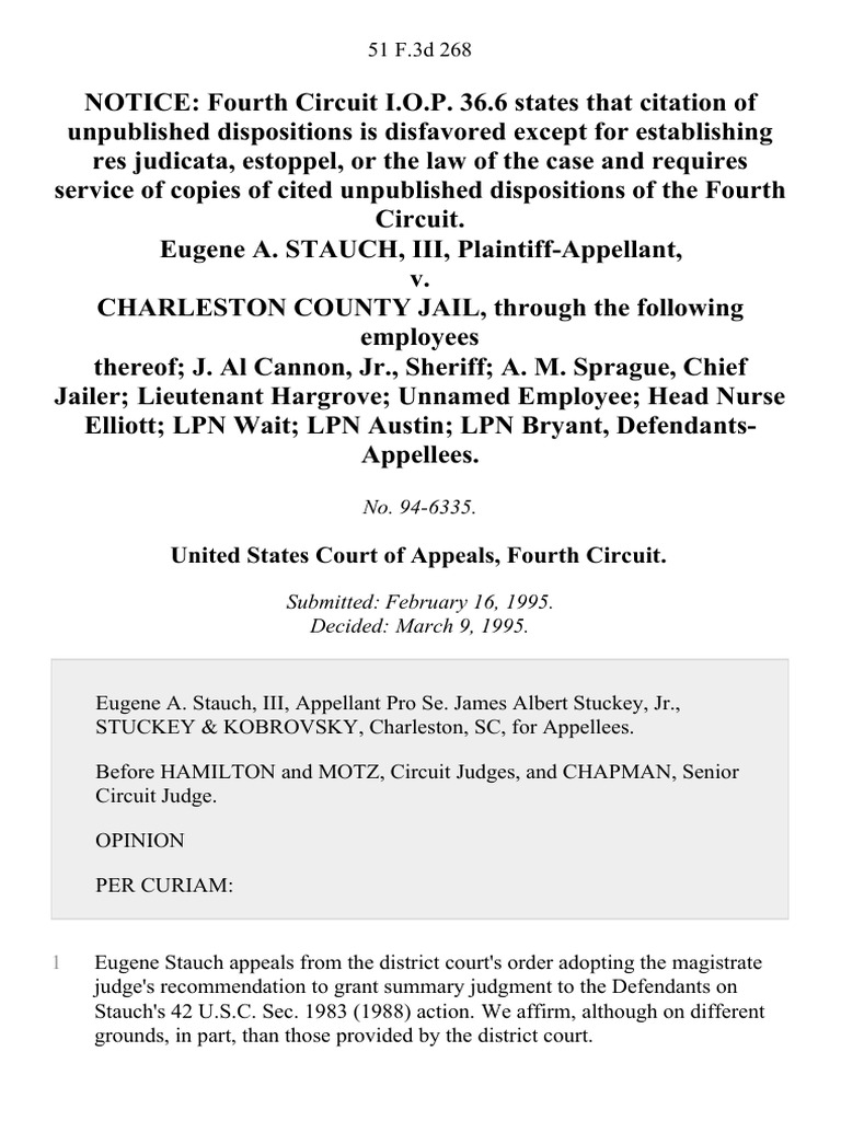 Eugene A. Stauch, III v. Charleston County Jail, Through the Following ...