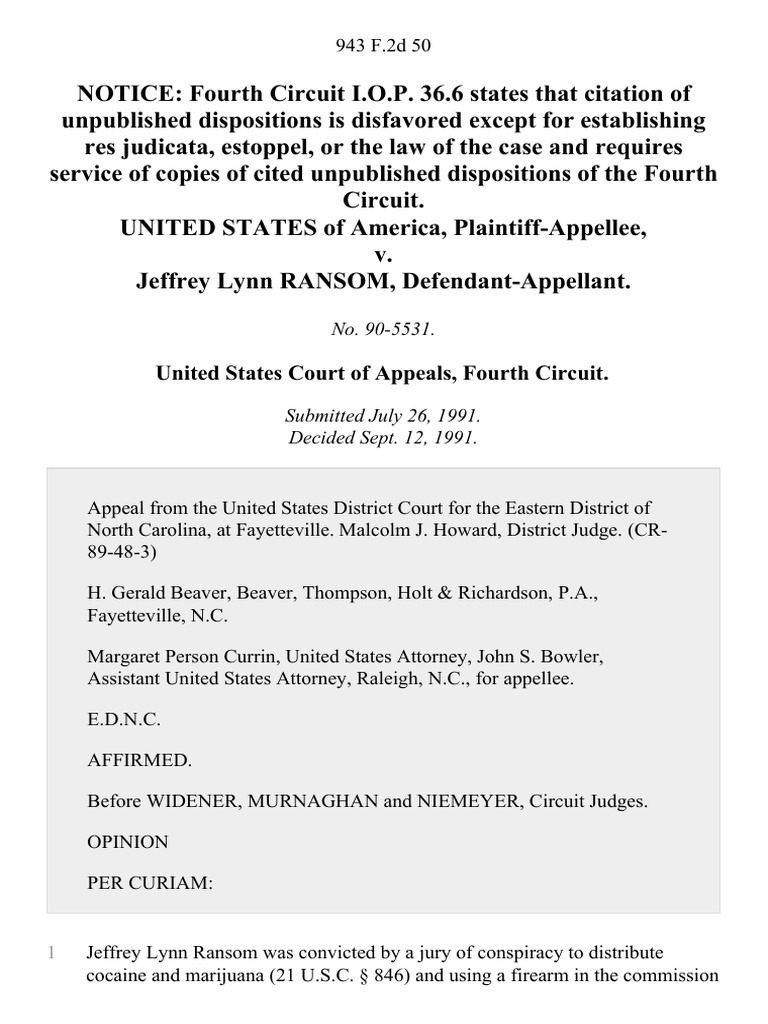 United States v. Jeffrey Lynn Ransom, 943 F.2d 50, 4th Cir. (1991) | PDF
