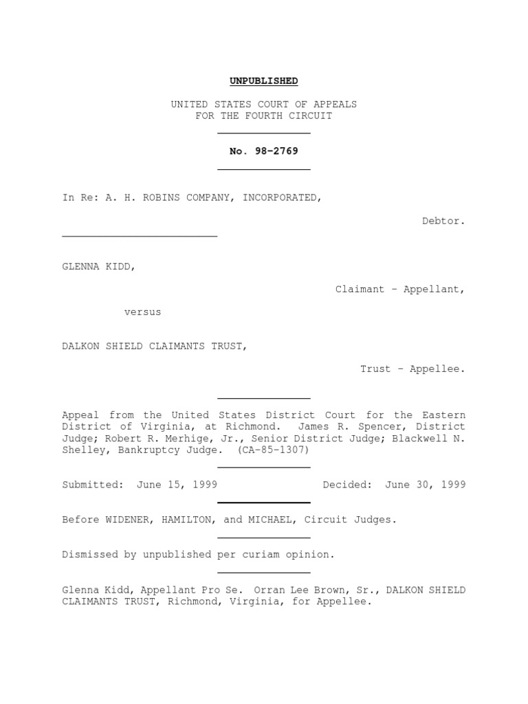 Kidd v. Dalkon Shield Trust, 4th Cir. (1999) | PDF