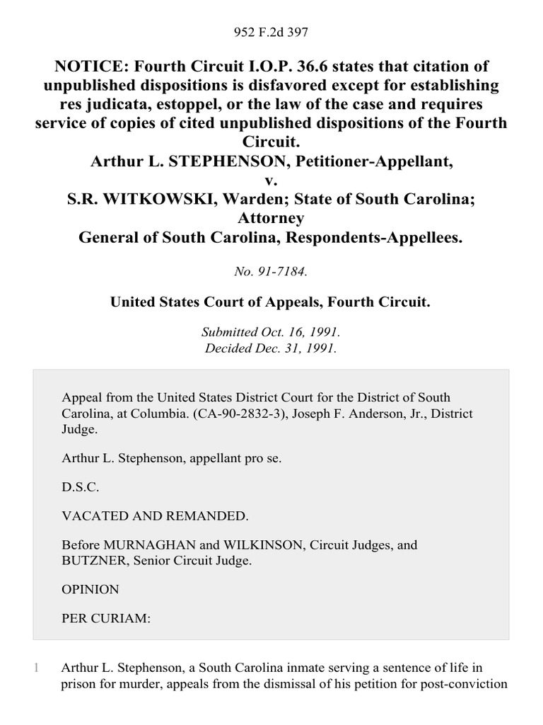 Arthur L. Stephenson v. S.R. Witkowski, Warden State of South Carolina ...