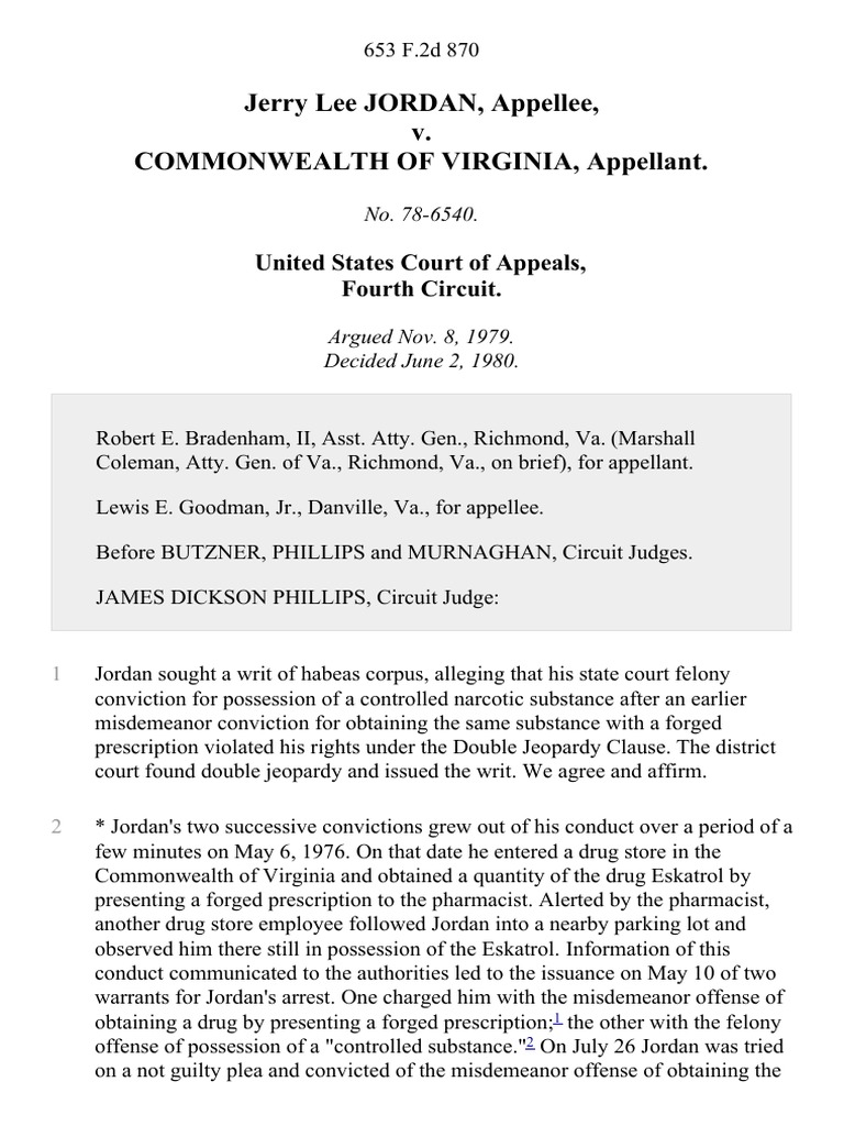 Jerry Lee Jordan v. Commonwealth of Virginia, 653 F.2d 870, 4th Cir ...