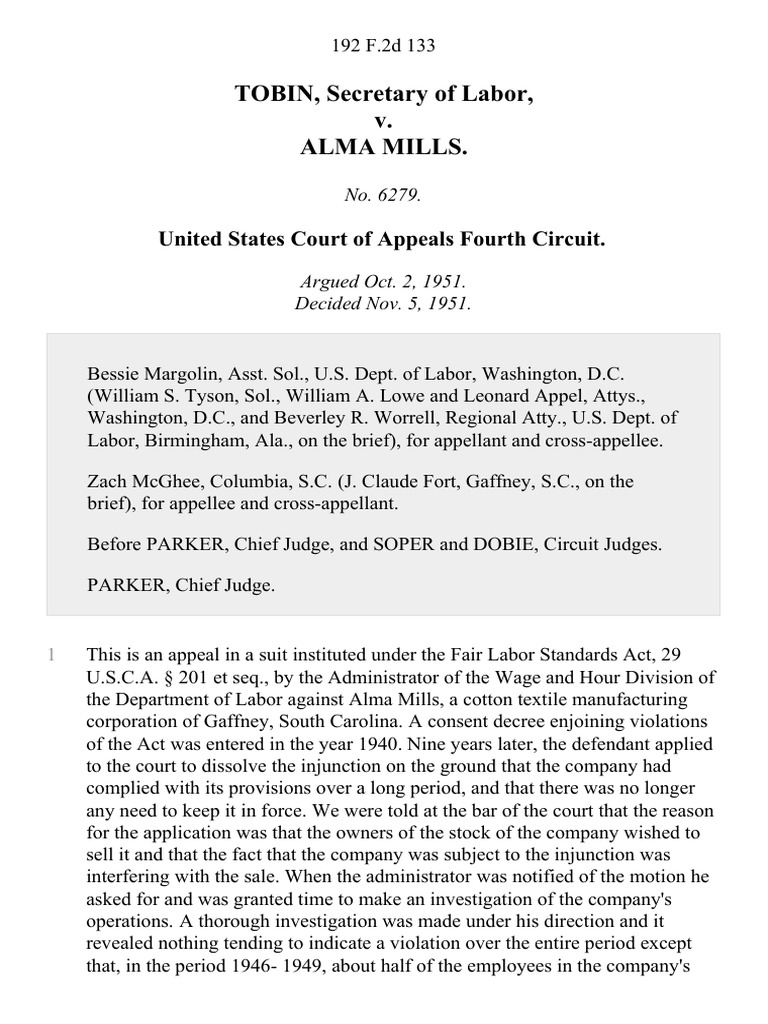 Tobin, Secretary of Labor v. Alma Mills, 192 F.2d 133, 4th Cir. (1951 ...