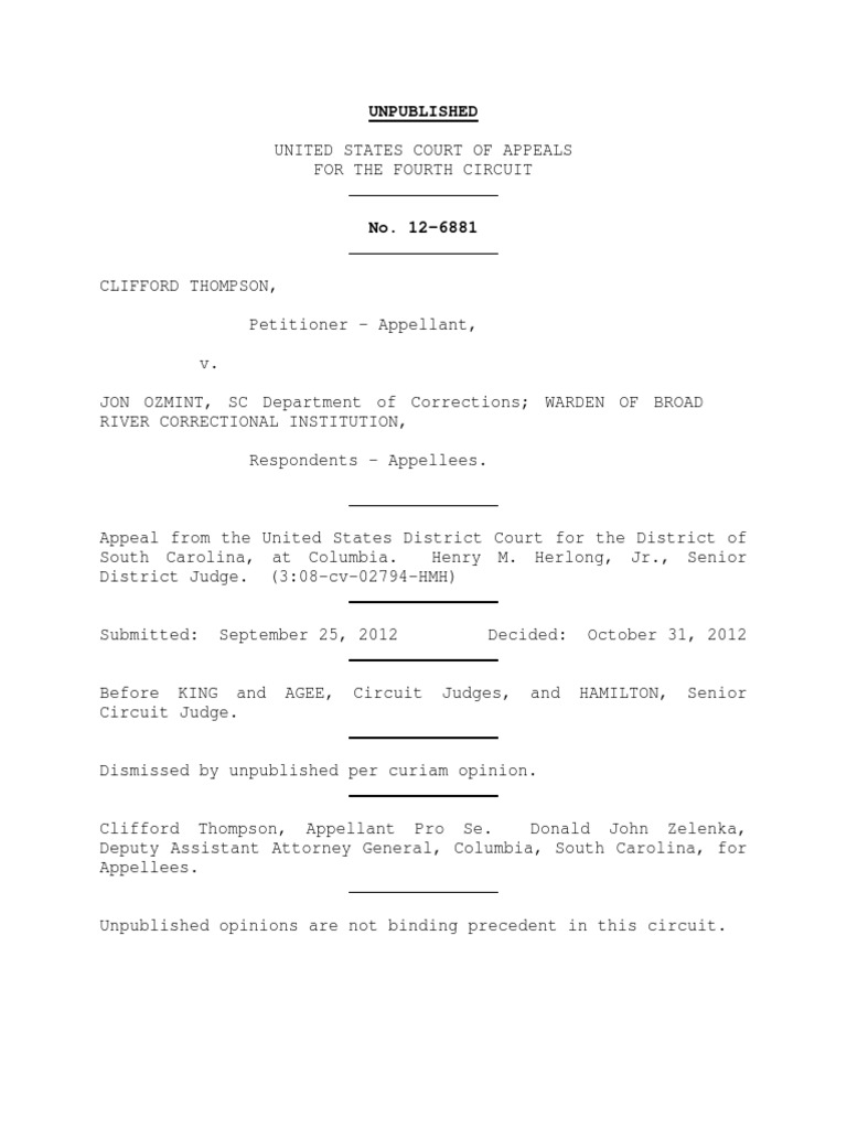 Clifford Thompson v. Jon Ozmint, 4th Cir. (2012) | PDF | Law