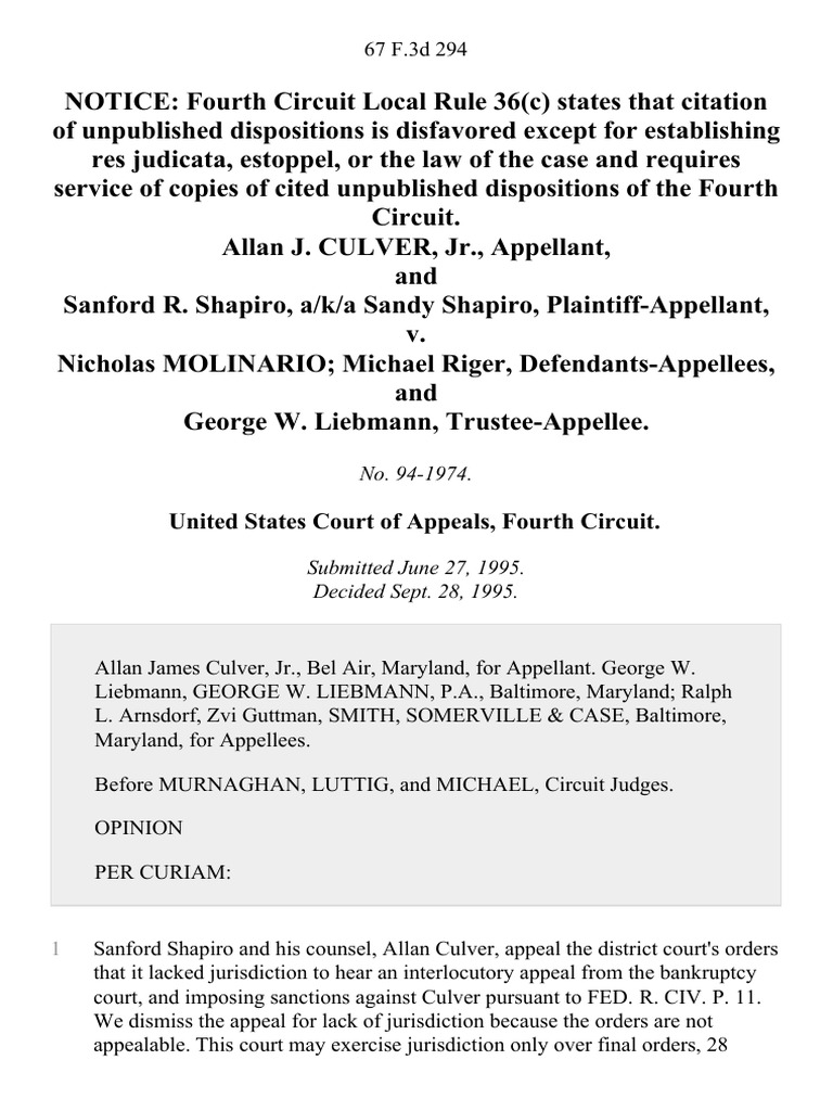 Allan J. Culver, JR., and Sanford R. Shapiro, A/K/A Sandy Shapiro v ...