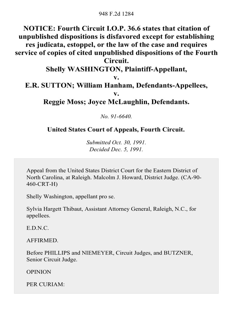 Shelly Washington v. E.R. Sutton William Hanham v. Reggie Moss Joyce ...