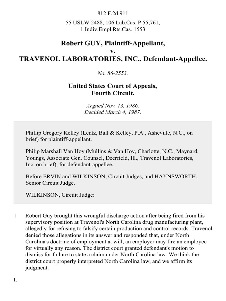 Robert Guy v. Travenol Laboratories, Inc., 812 F.2d 911, 4th Cir. (1987 ...