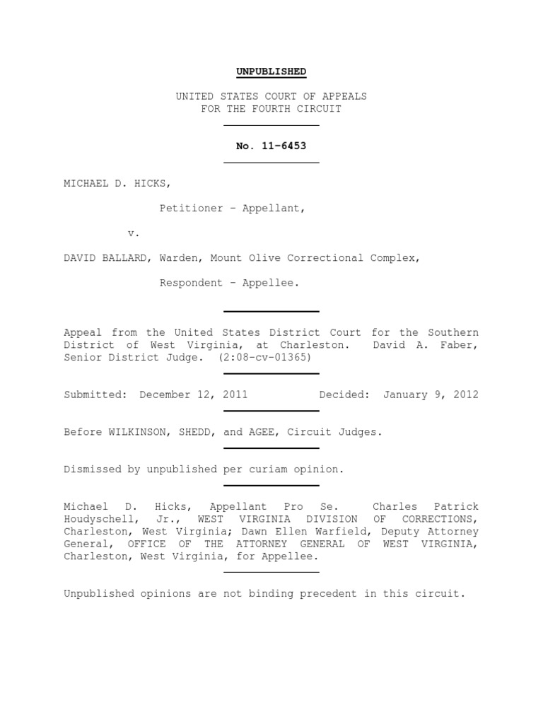 Michael Hicks v. David Ballard, 4th Cir. (2012) | PDF | Social Science