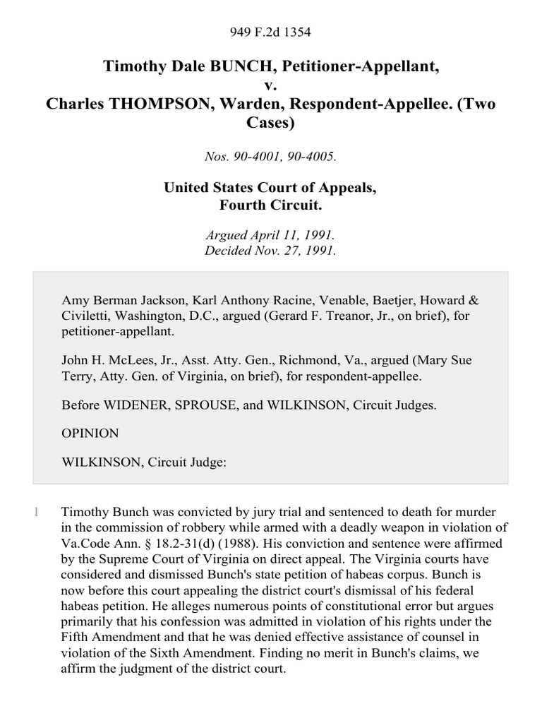 Timothy Dale Bunch v. Charles Thompson, Warden, (Two Cases), 949 F.2d ...