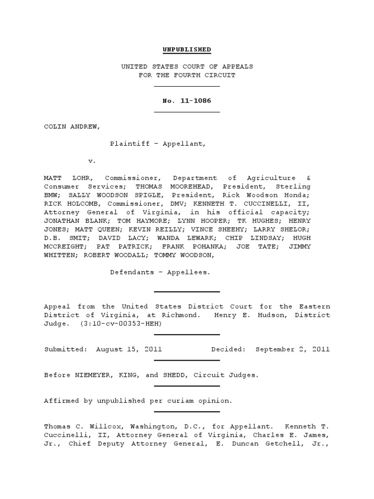 Colin Andrew v. Matt Lohr, 4th Cir. (2011) | PDF | Ex Parte Young | Lawsuit