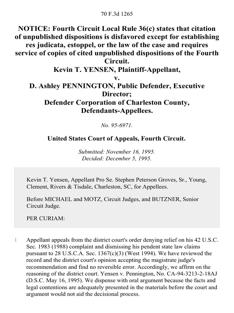 Kevin T. Yensen v. D. Ashley Pennington, Public Defender, Executive ...